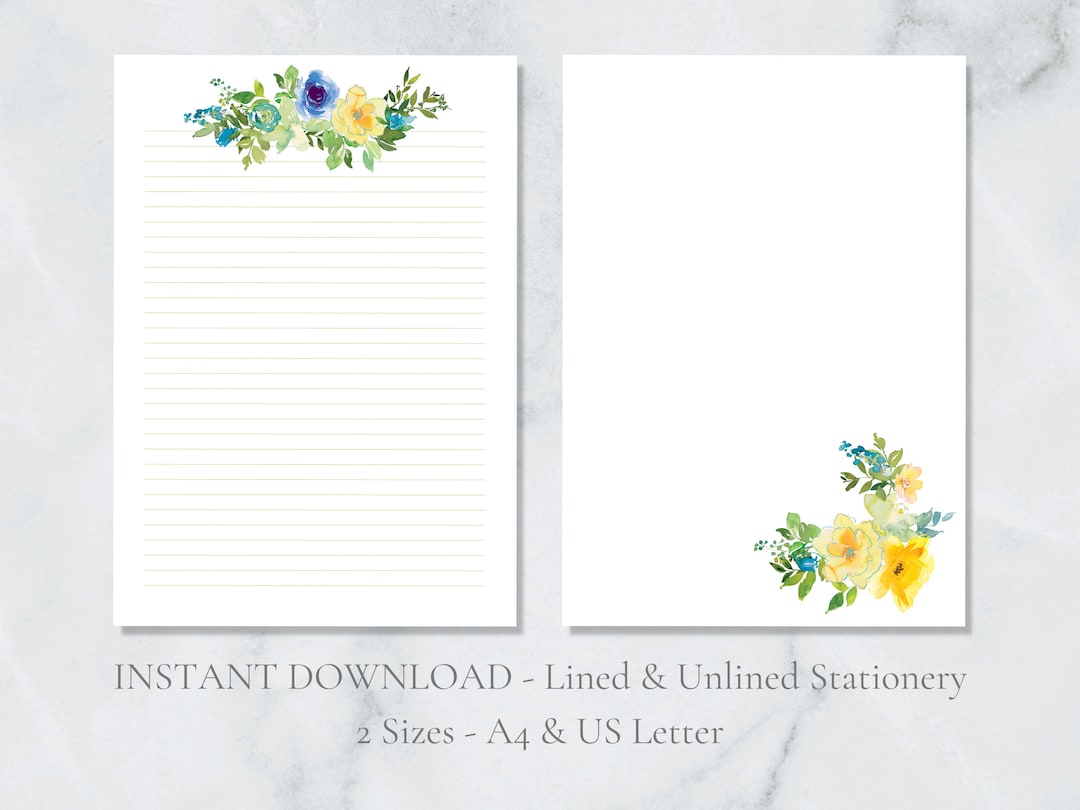 Blue Yellow Roses Printable Stationery Watercolor Floral Stationary ...