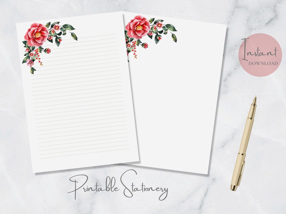 Pink Camellia Printable Stationery Red Floral Stationary Nature Writing ...