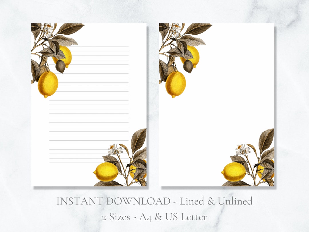 Botanical Lemon Printable Stationery Fruit Stationary Yellow Writing ...