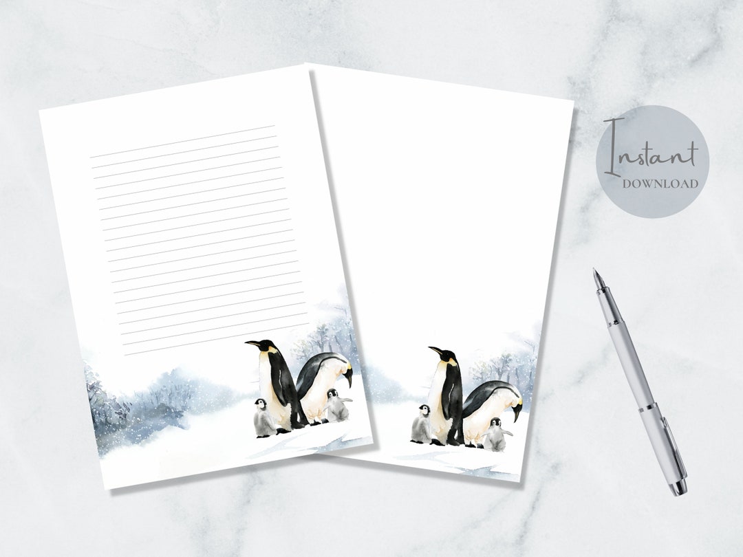 Watercolor Penguins Printable Stationery Winter Stationary Snow Writing ...