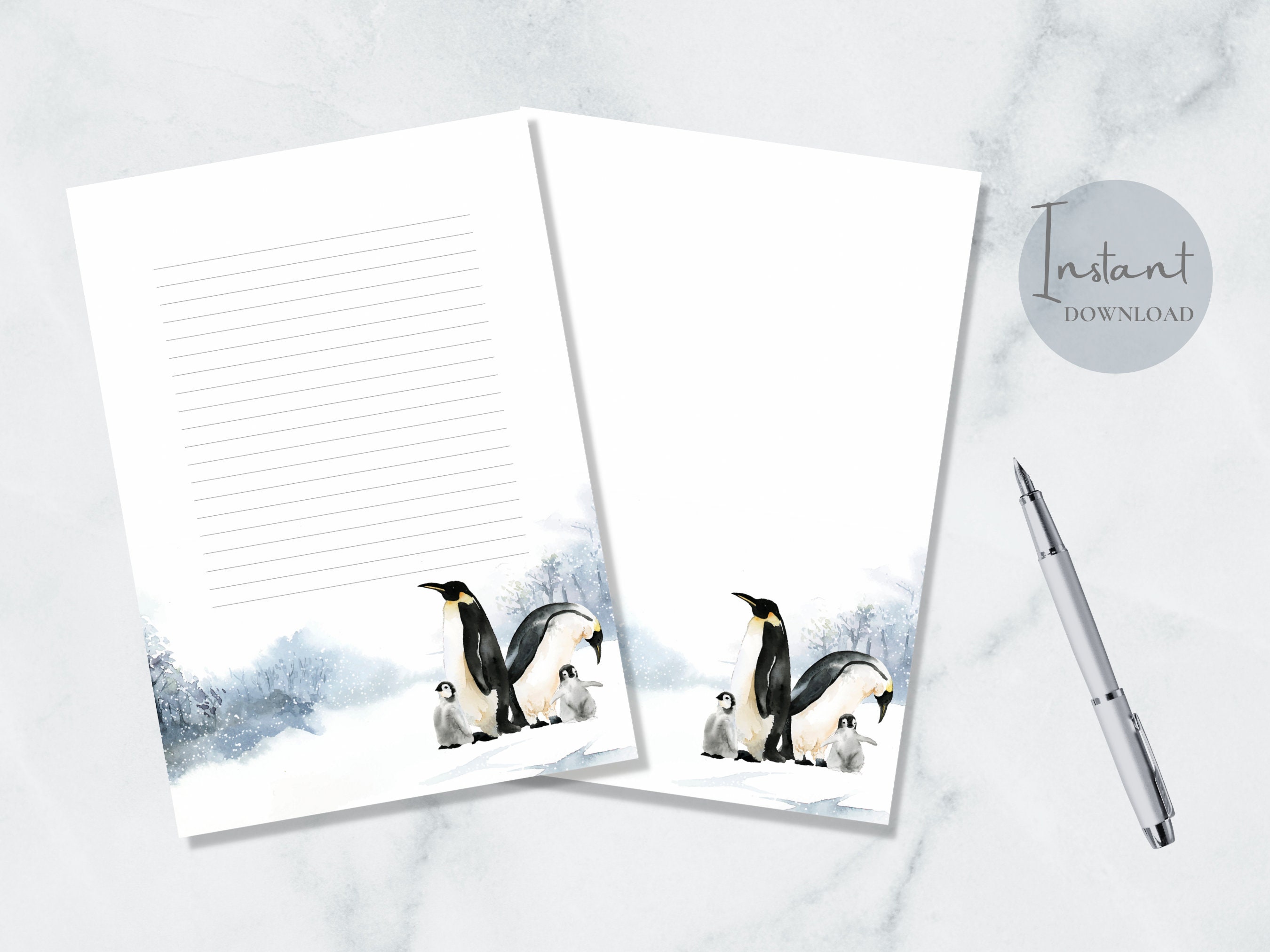 Watercolor Penguins Printable Stationery Winter Stationary Snow Writing ...