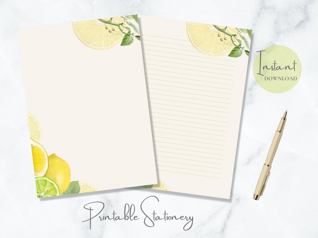 Lemon Printable Stationery Watercolor Fruit Stationary Nature Writing ...