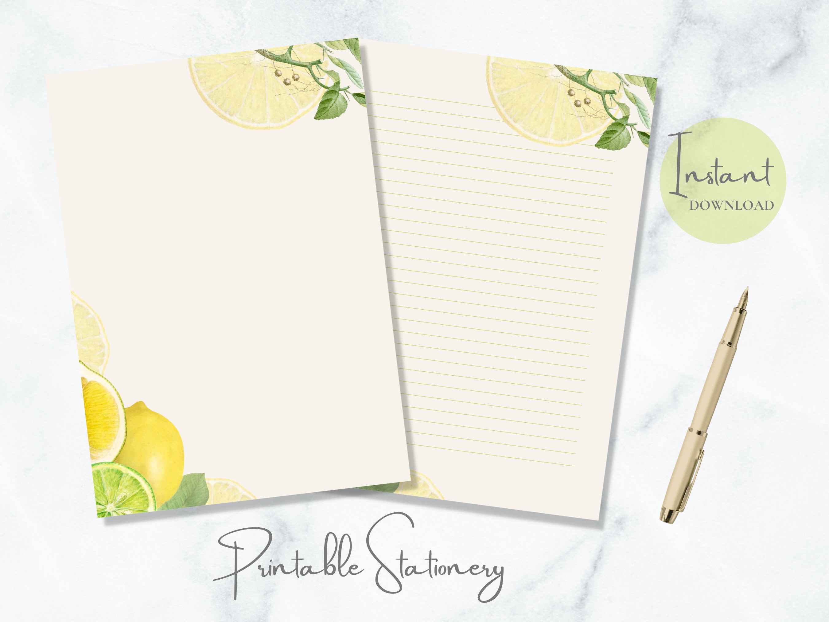 Lemon Printable Stationery Watercolor Fruit Stationary Nature Writing ...