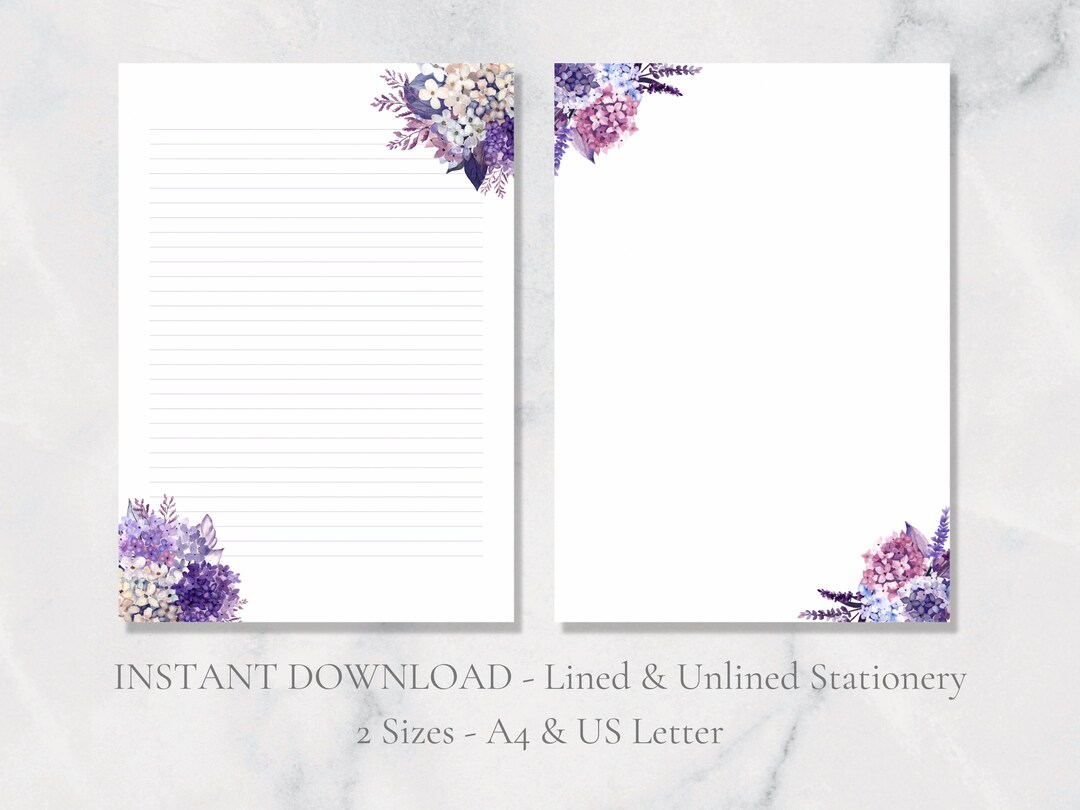 Hydrangea Flower Printable Stationery Purple Floral Letter Writing ...