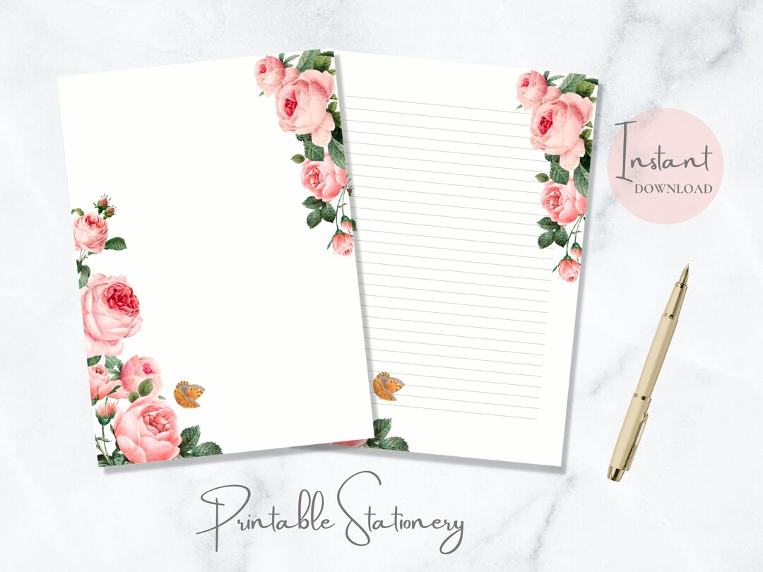 Pink Rose Butterfly Printable Stationery Floral Stationary Nature ...