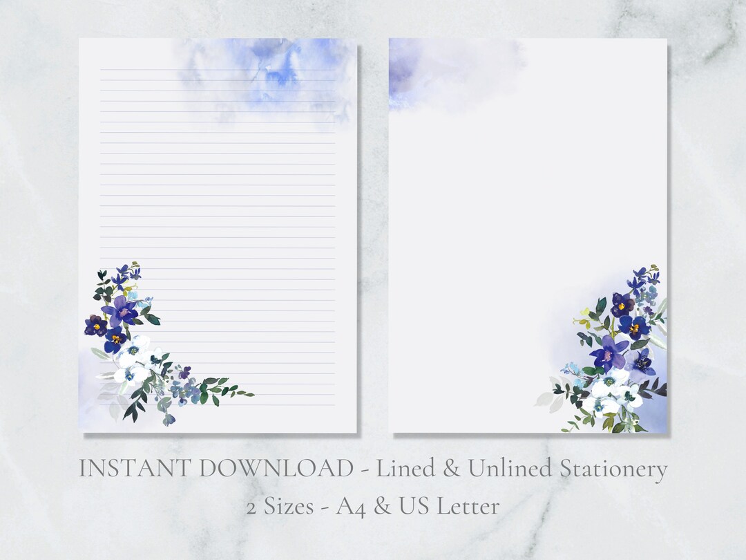 Blue Watercolor Flowers Printable Stationery Stationary Garden Writing ...