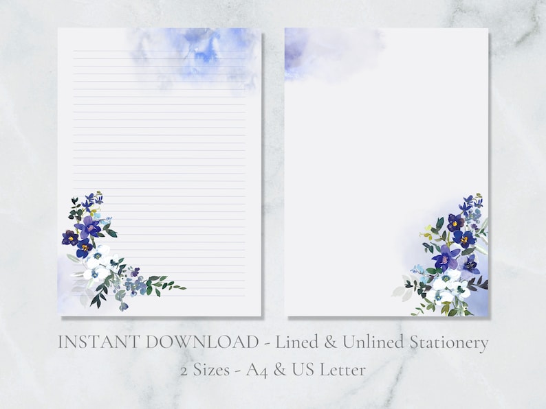 Blue Watercolor Flowers Printable Stationery Stationary Garden - Etsy