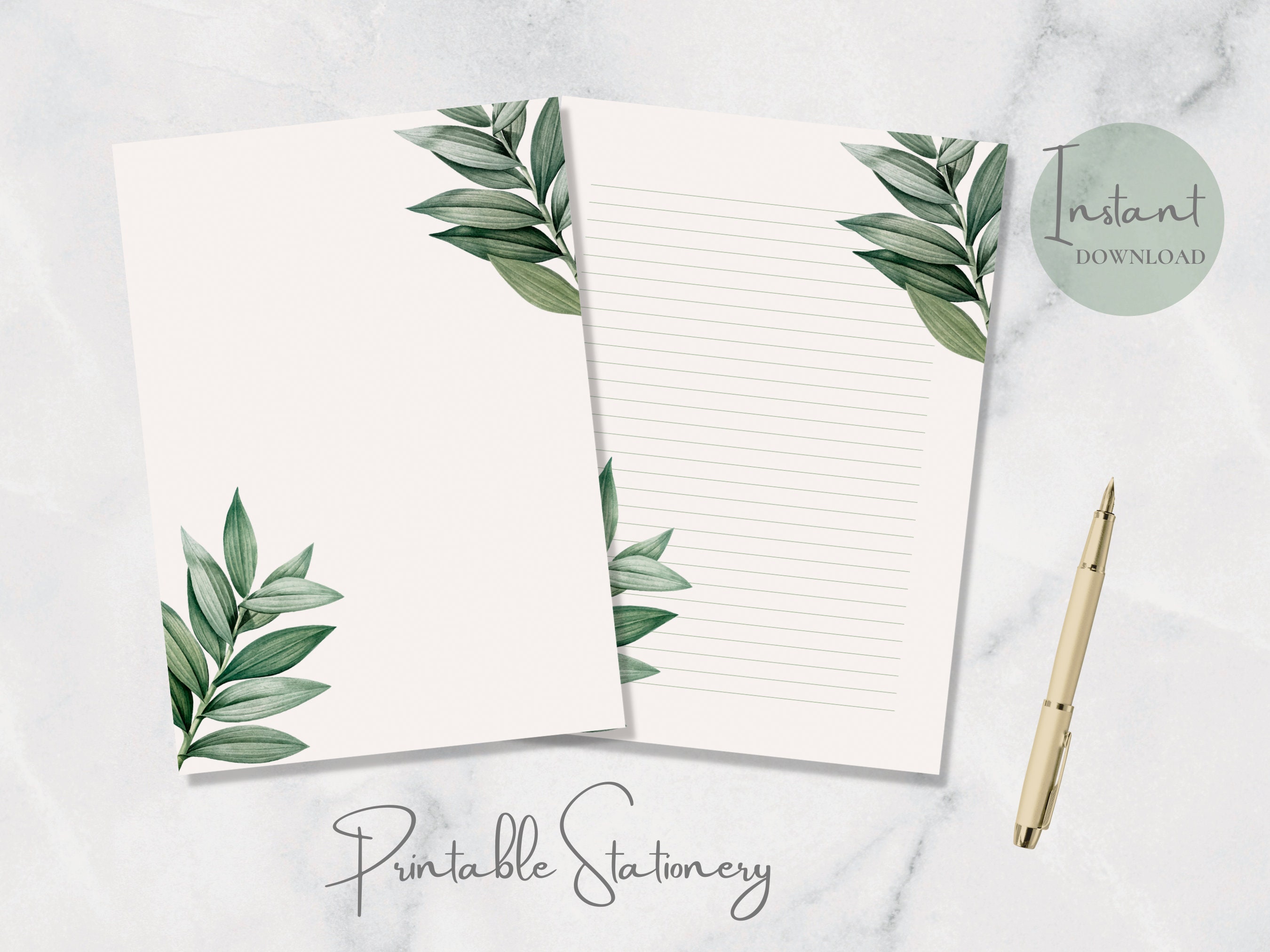 Green Leaf Printable Stationery Green Leaves Stationary Botanical ...