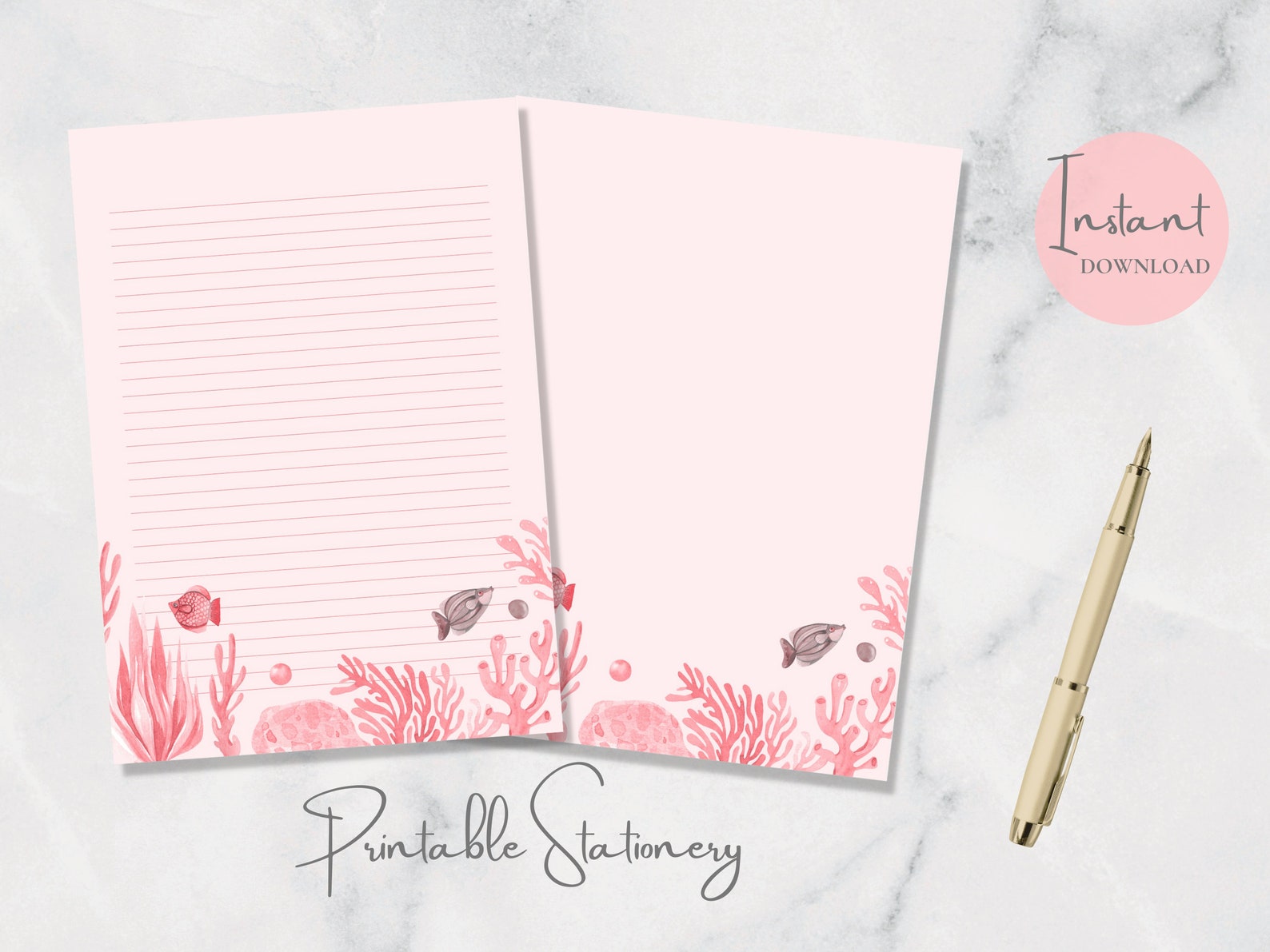 Coral Reef Fish Printable Stationery Watercolor Ocean Stationary Summer ...