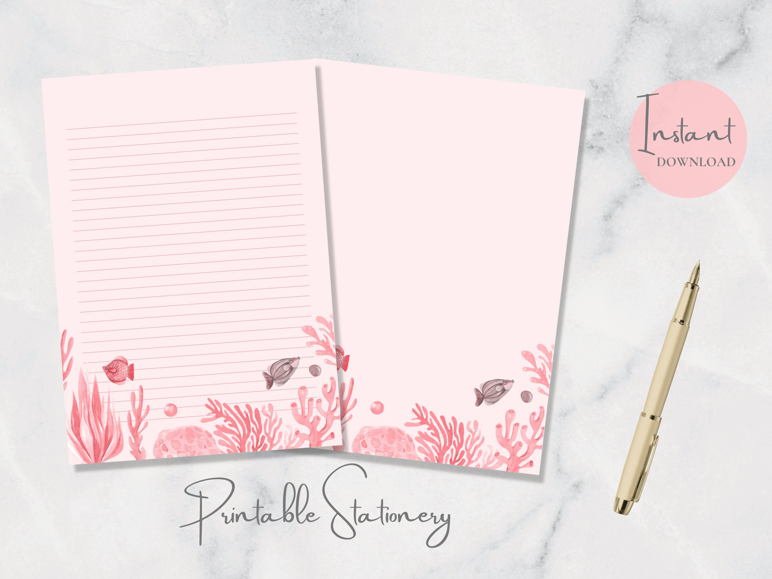 Coral Reef Fish Printable Stationery Watercolor Ocean Stationary Summer ...