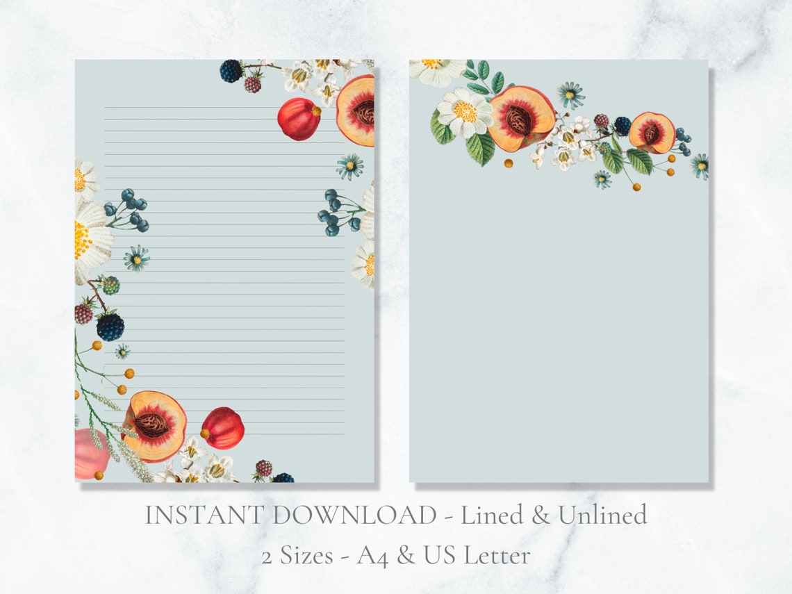 Peach Printable Stationery Paper Floral Letter Writing Paper Fruit ...