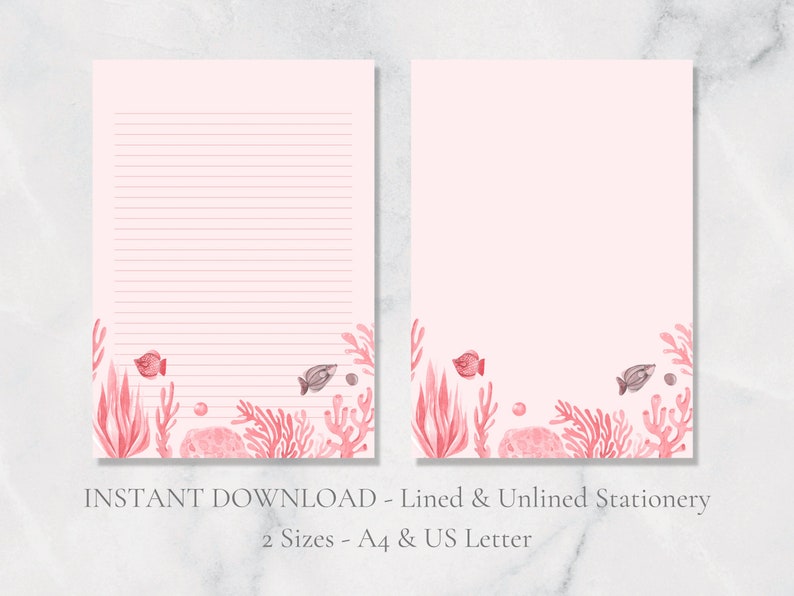 Coral Reef Fish Printable Stationery Watercolor Ocean Stationary Summer ...