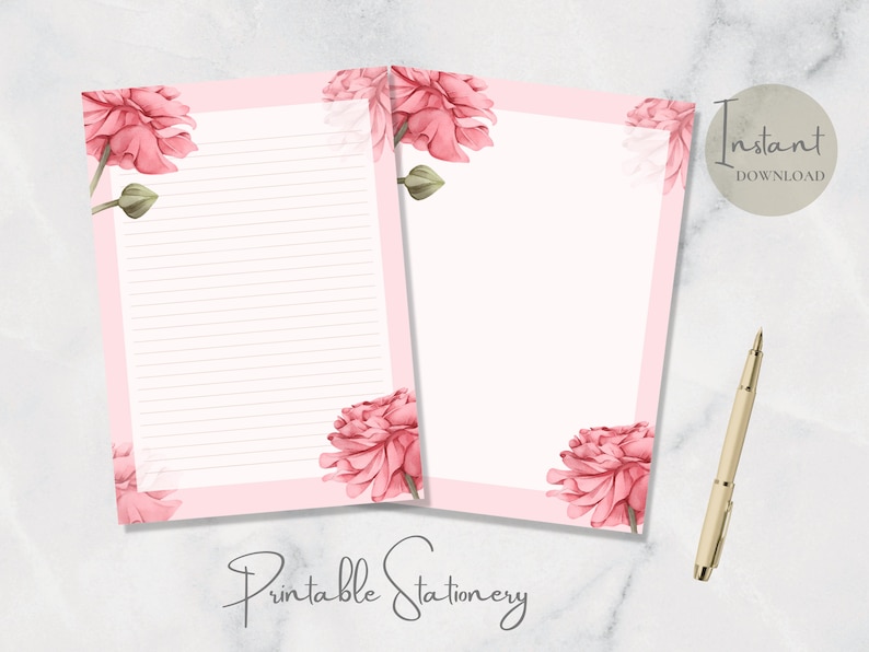 Pink Peony Printable Stationery Pretty Stationary Watercolor - Etsy