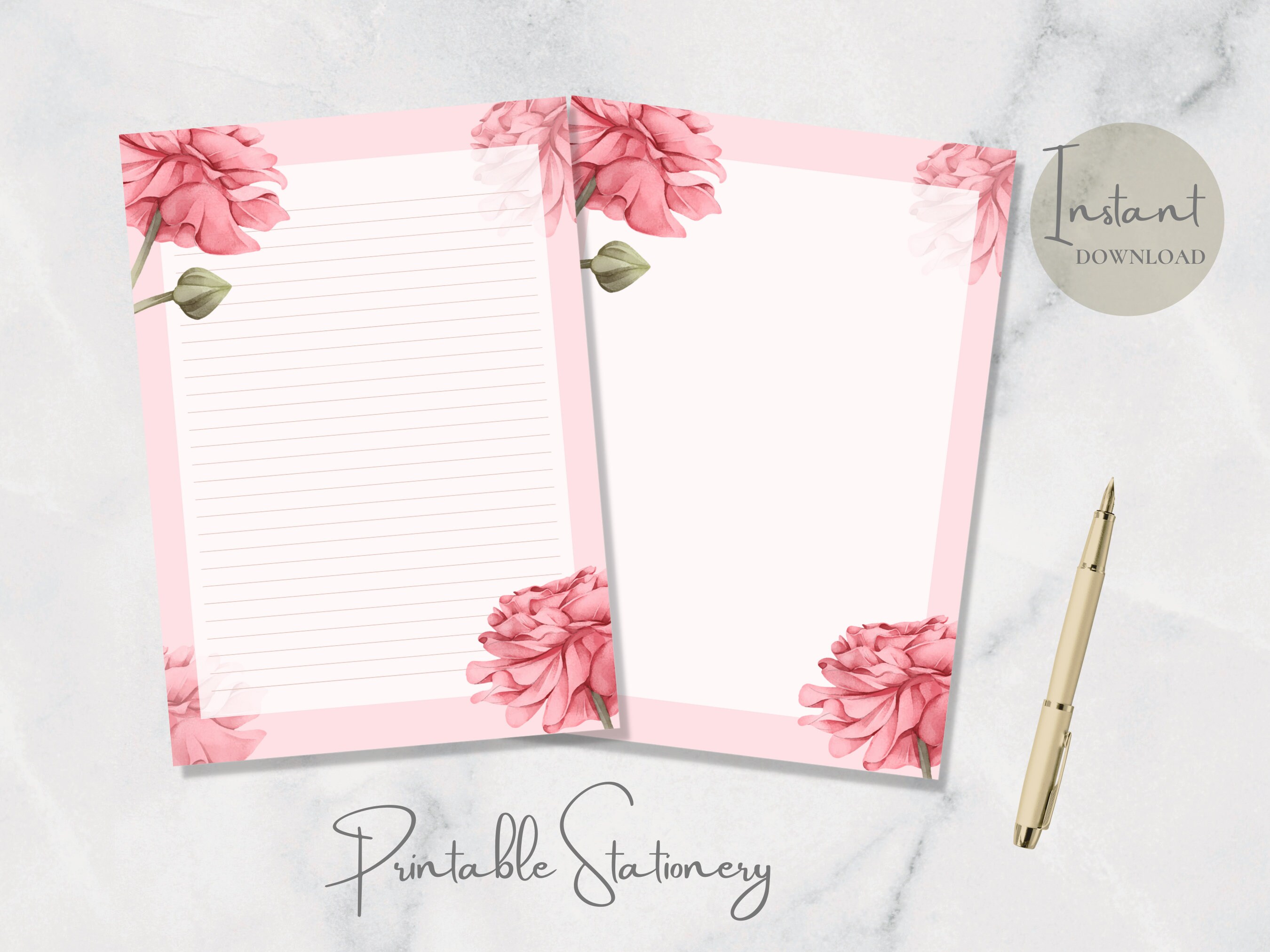 Pink Peony Printable Stationery Pretty Stationary Watercolor - Etsy