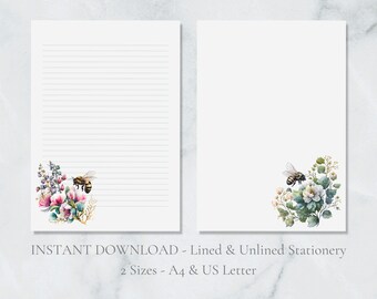 Printable Stationery A4 and US Letter Size Bee and Flowers Digital ...