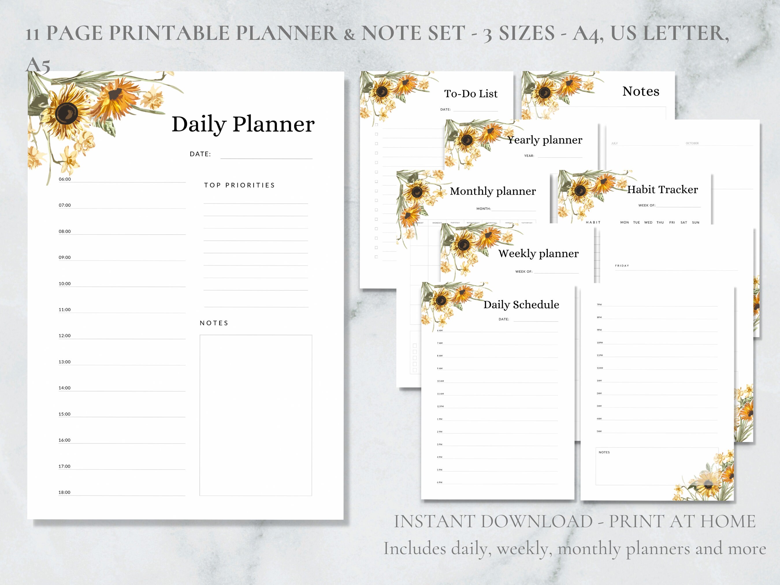 Sunflowers Printable Planner Daily Weekly Monthly Yearly Planner Note ...
