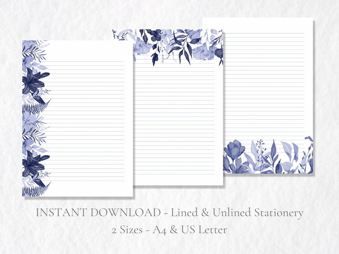 Blue Floral Printable Stationery Winter Botanical Stationary Writing ...