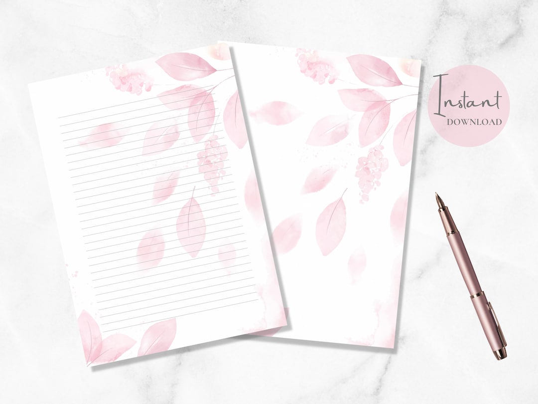 Pink Watercolor Leaf Printable Stationery Leaves Stationary Botanical ...
