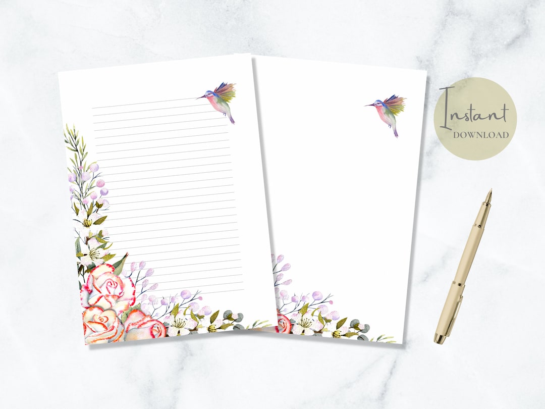 Rose Hummingbird Printable Stationery Floral Stationary Nature Writing ...