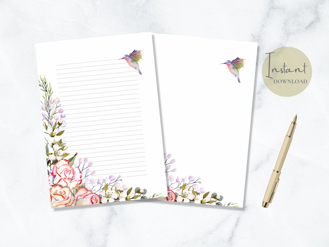 Rose Hummingbird Printable Stationery Floral Stationary Nature - Etsy