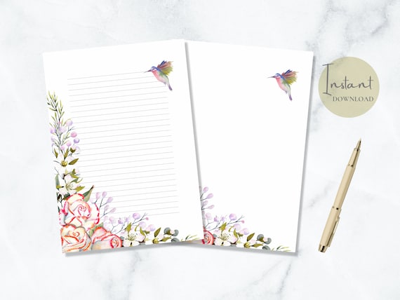 Rose Hummingbird Printable Stationery Floral Stationary Nature - Etsy