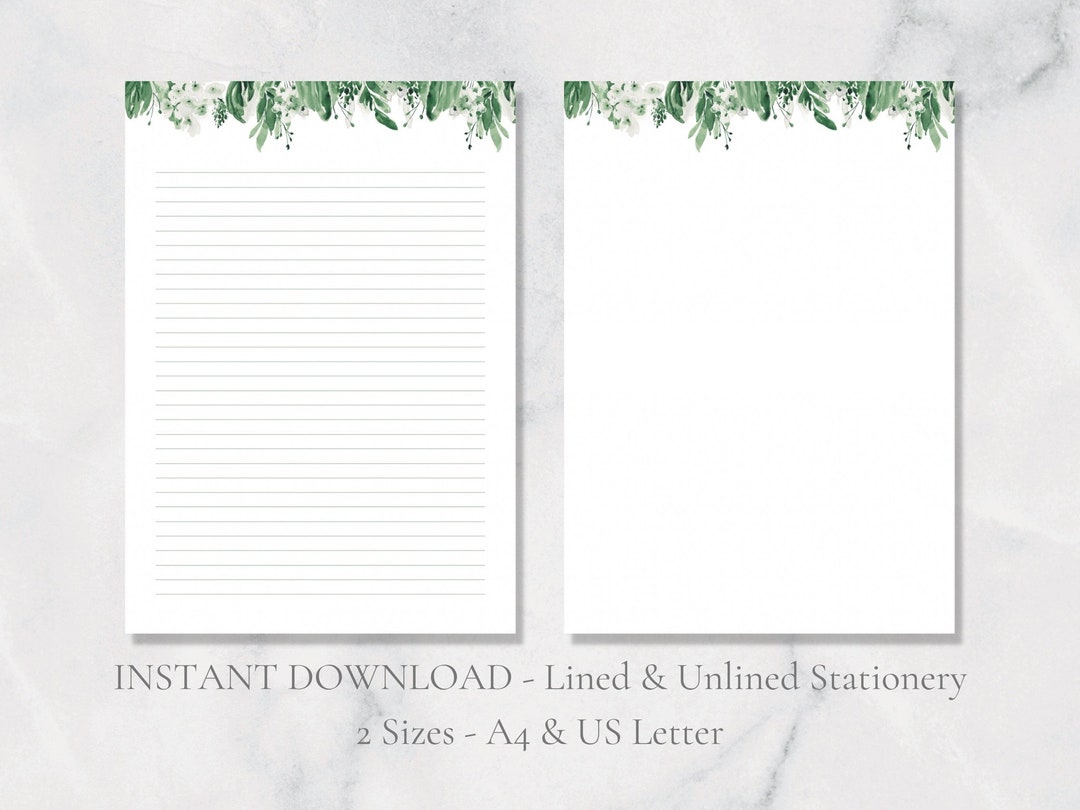 White Floral Printable Stationery Green Leaf Stationary Botanical ...