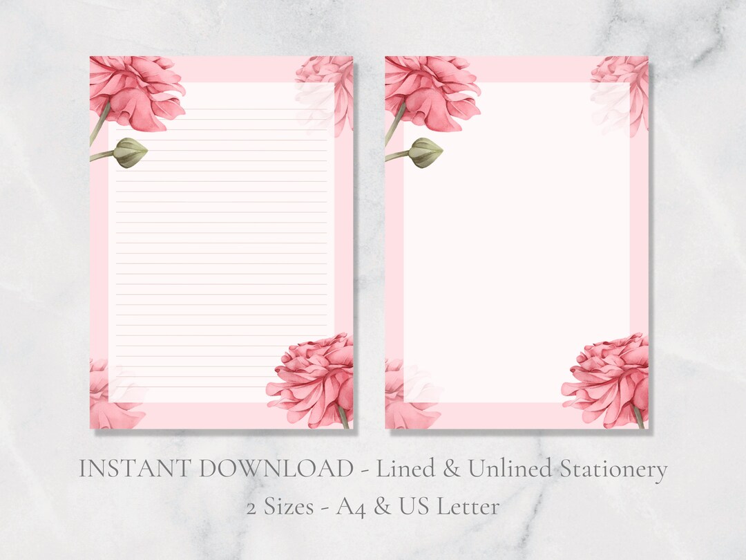 Pink Peony Printable Stationery Pretty Stationary Watercolor Writing ...