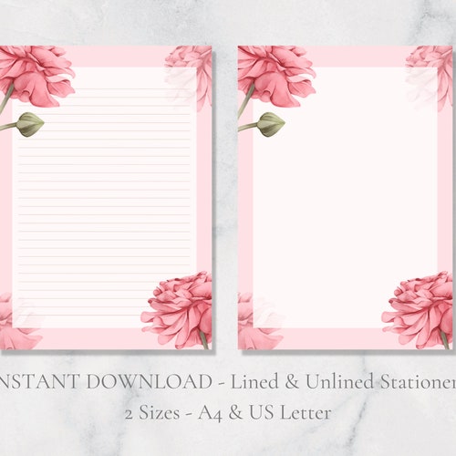 Pink Peony Printable Letter Paper Floral Journal Page Flower - Etsy