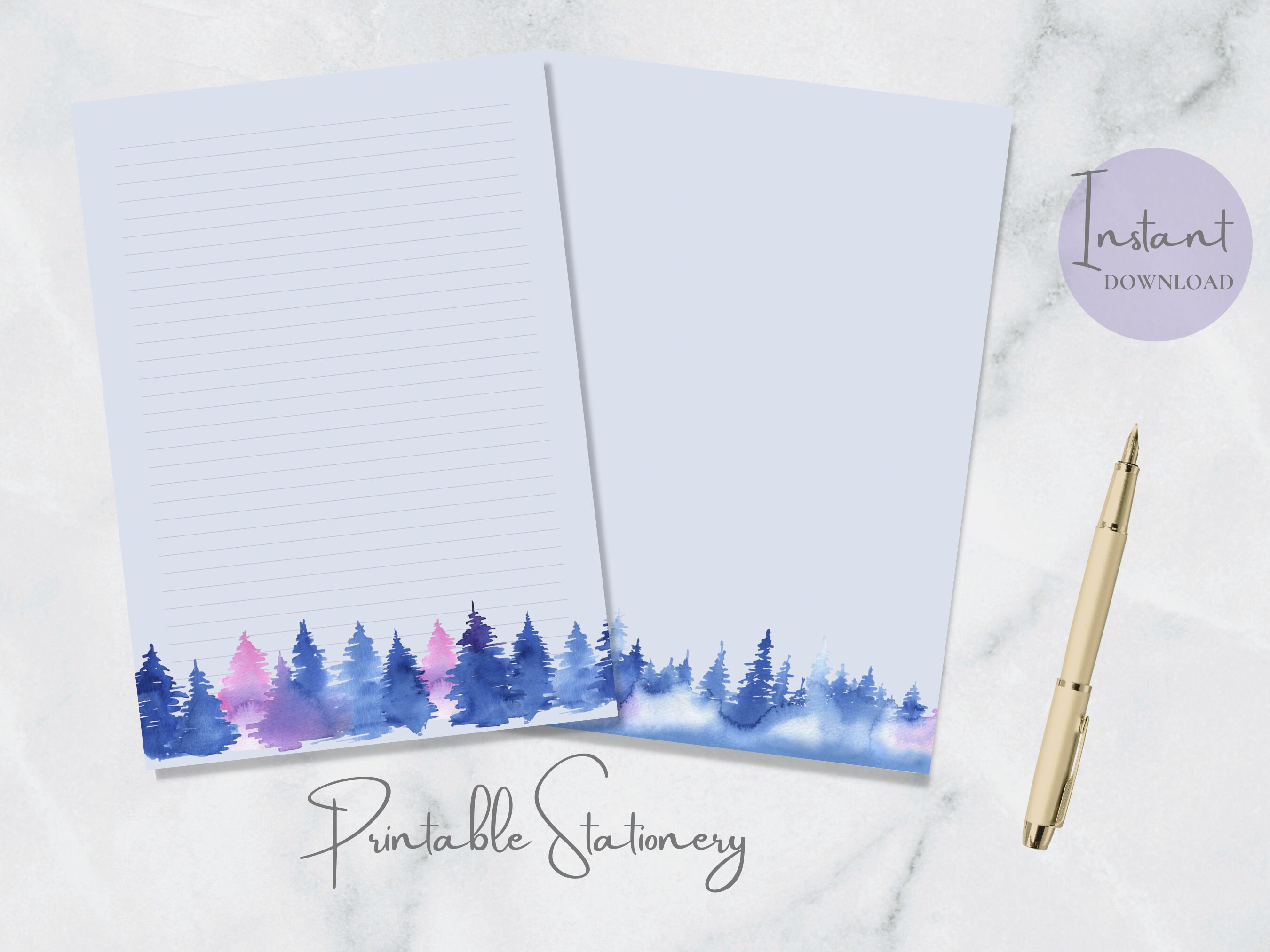 Watercolor Forest Printable Stationery Pine Tree Stationary Landscape ...