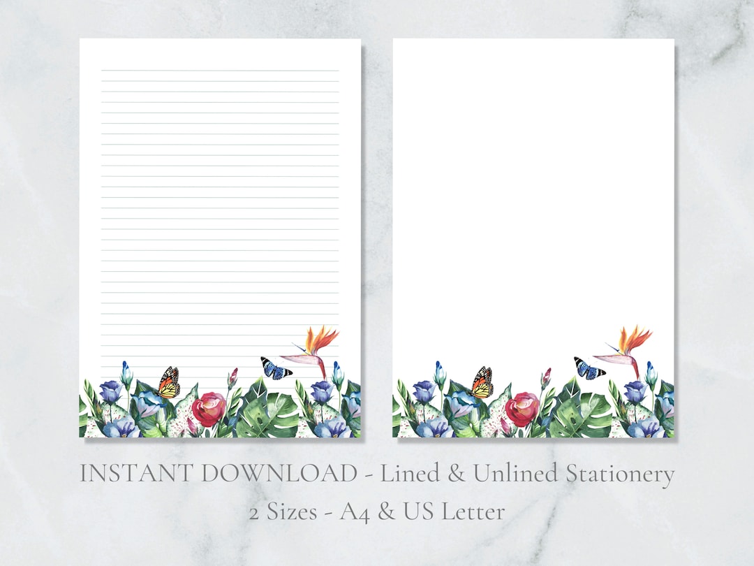 Tropical Garden Printable Stationery Butterfly Stationary Botanical ...