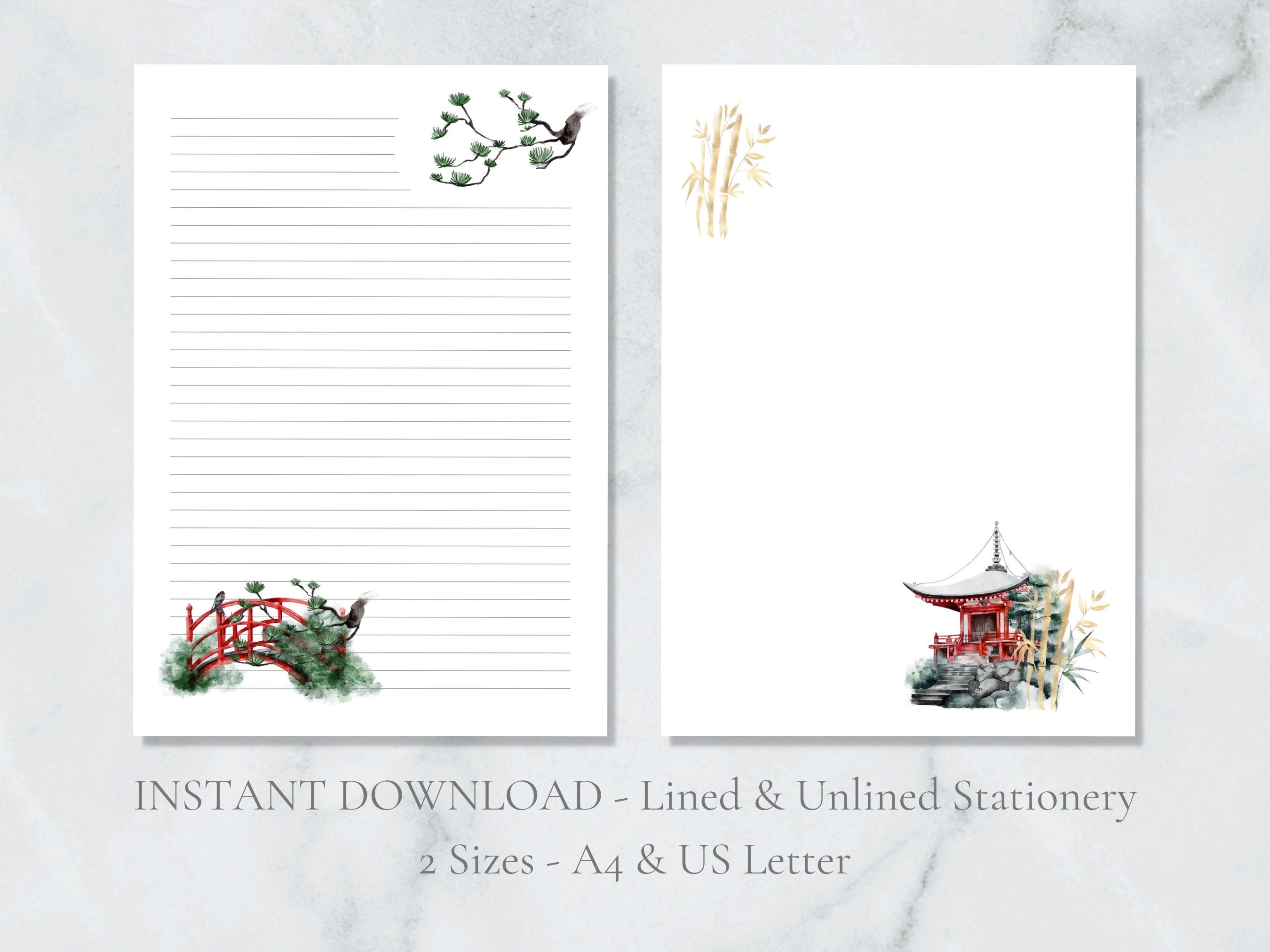 Japanese Bridge & Temple Printable Stationery Bamboo Stationary Nature ...