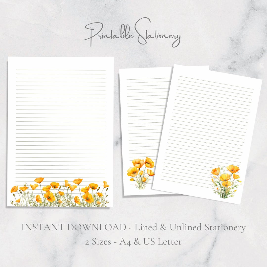 California Poppies Printable Stationery Botanical Writing Paper A4 US ...