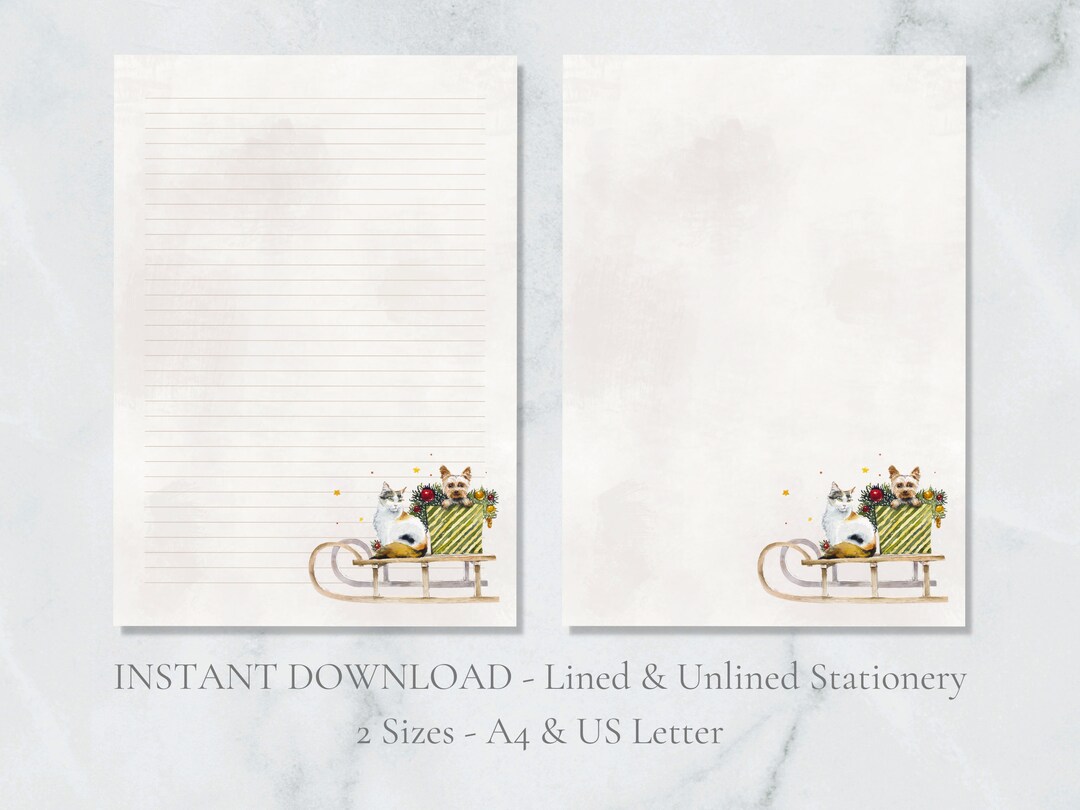 Christmas Dog and Cat Printable Stationery Winter Stationary Snow Sled ...