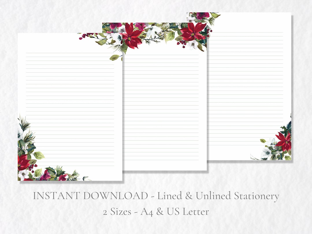 Christmas Poinsettia Printable Stationery Holiday Festive Stationary ...
