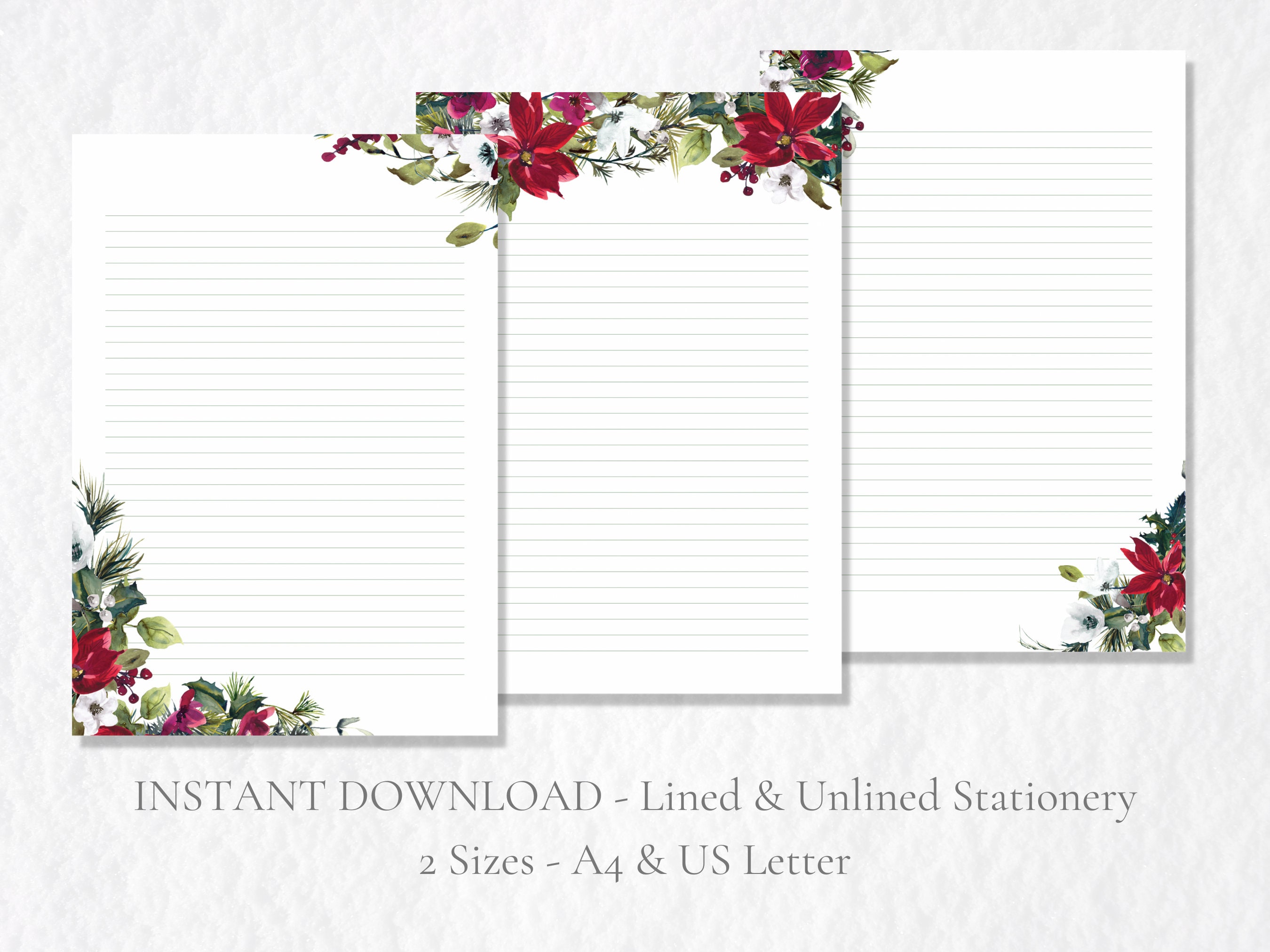 Christmas Poinsettia Printable Stationery Holiday Festive Stationary ...