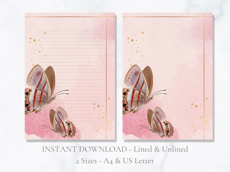 Butterfly Printable Stationery Pink Gold Stationary Nature Writing ...