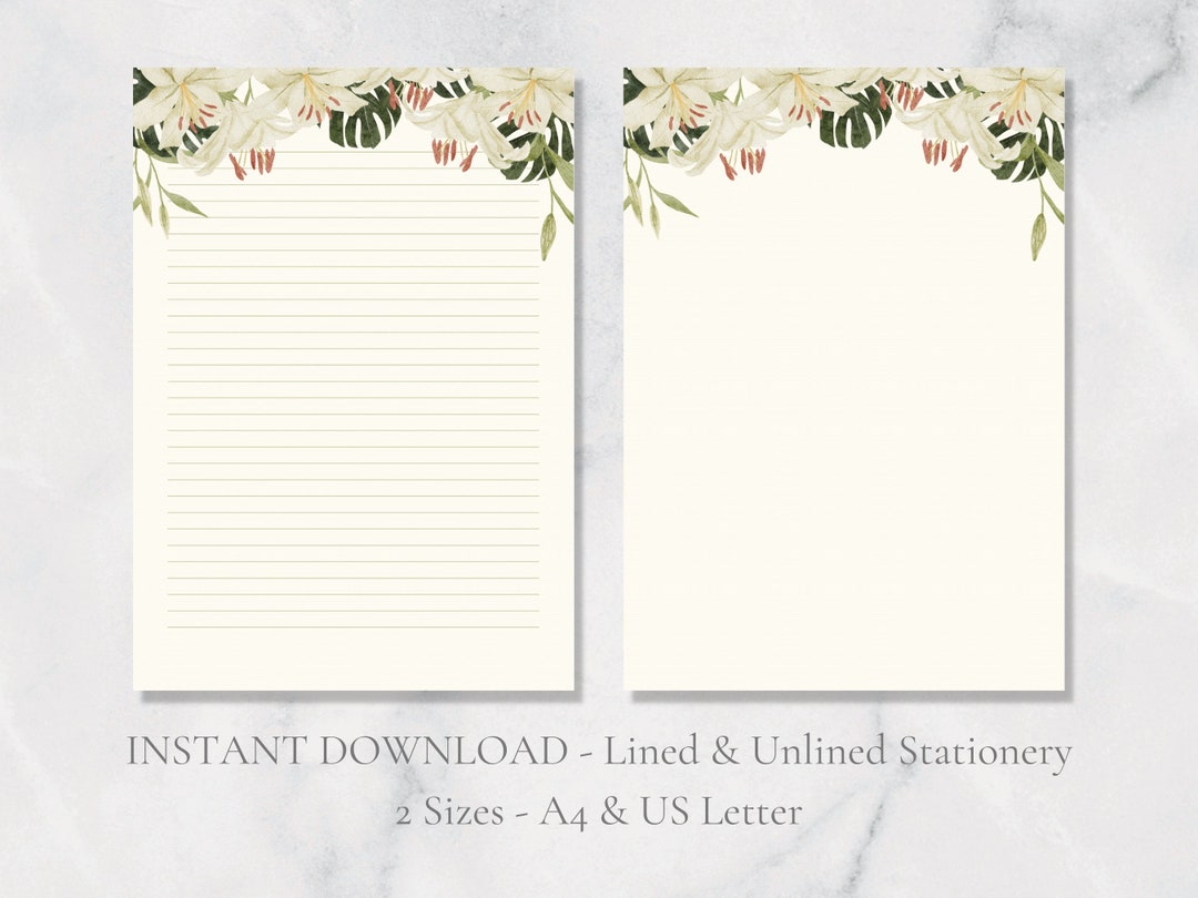 White Lilies Printable Stationery Floral Stationary Botanical Writing ...