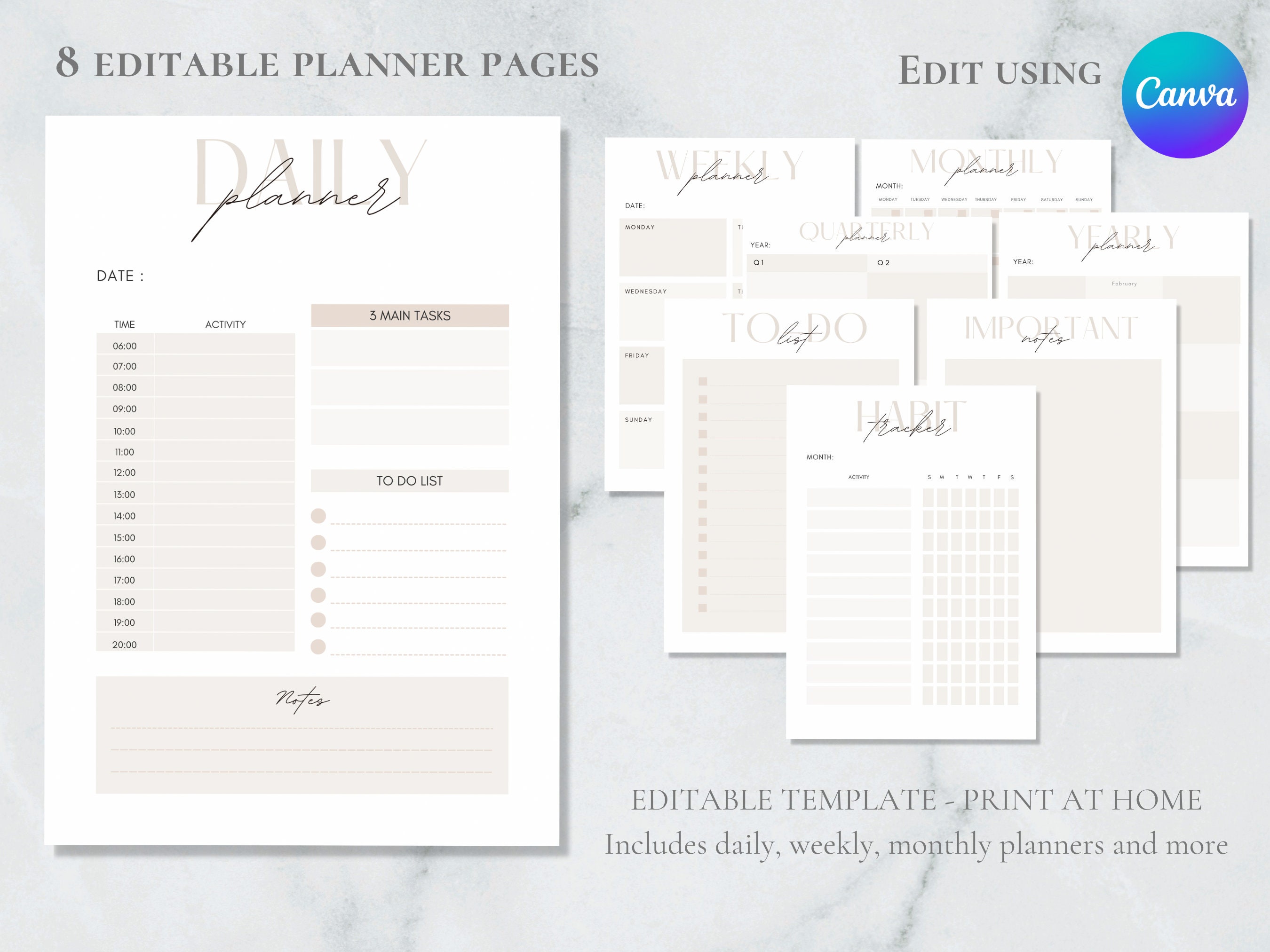 Beige Editable Printable Planner Set Daily Planner Weekly - Etsy