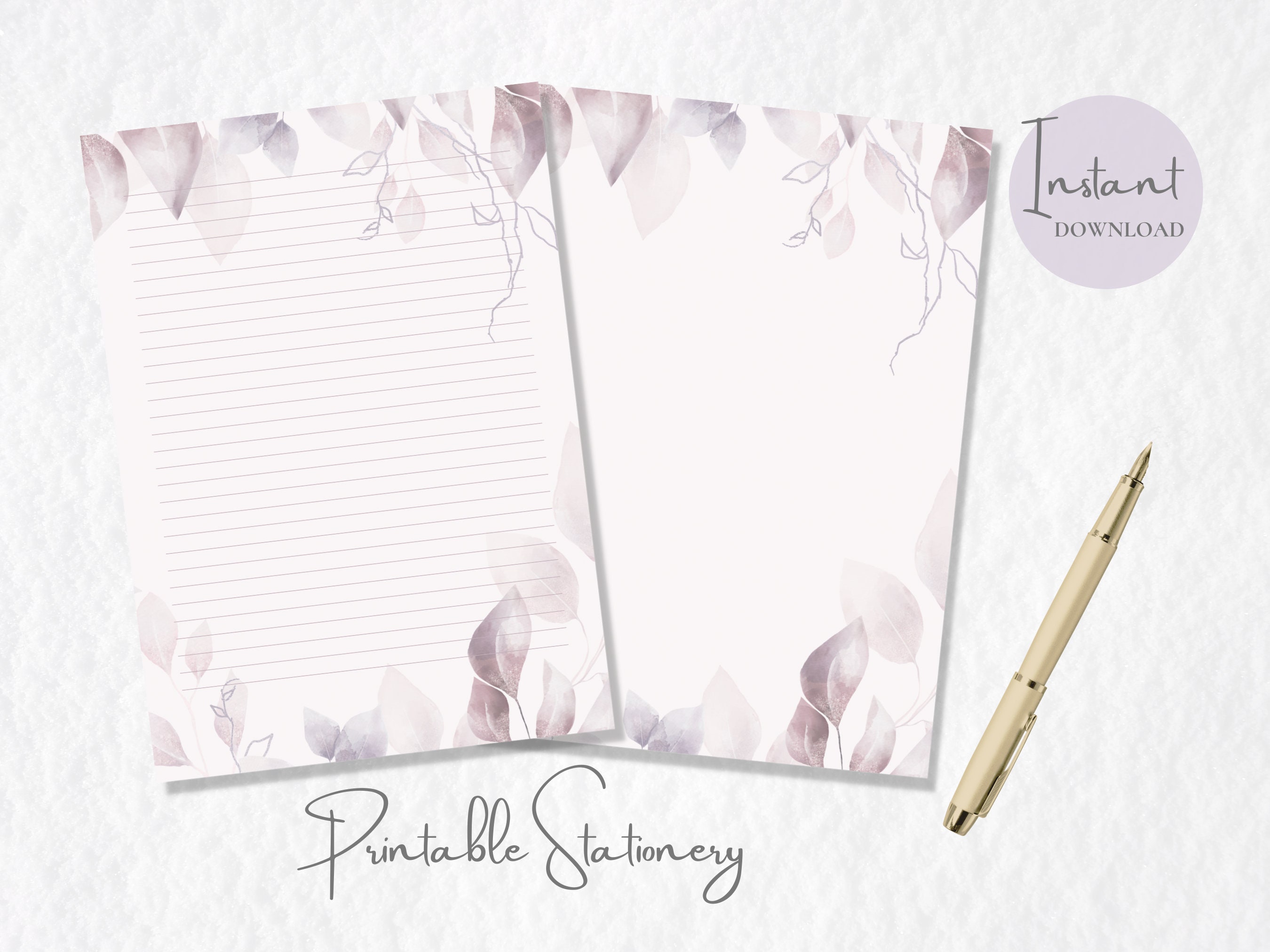 Watercolor Purple Leaf Printable Stationery Leaves Stationary Botanical ...