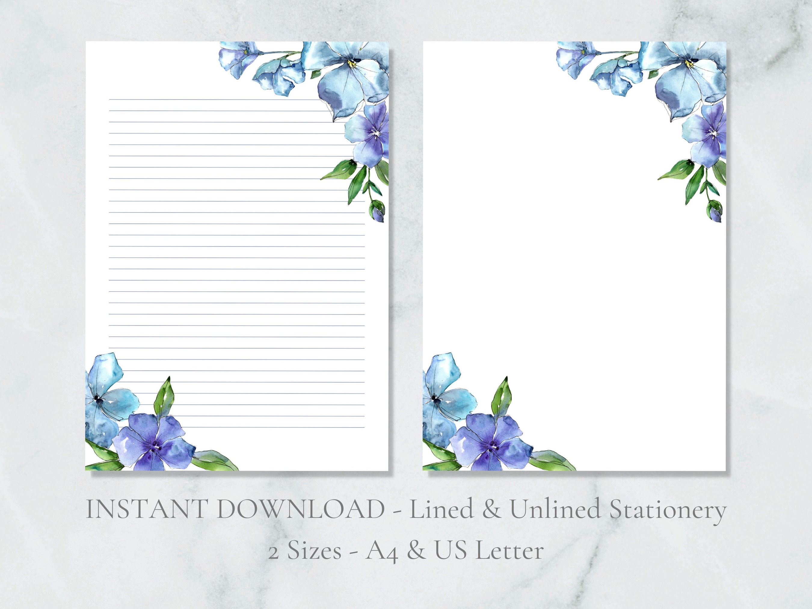 Blue Flowers Printable Stationery Floral Stationary Botanical Writing ...