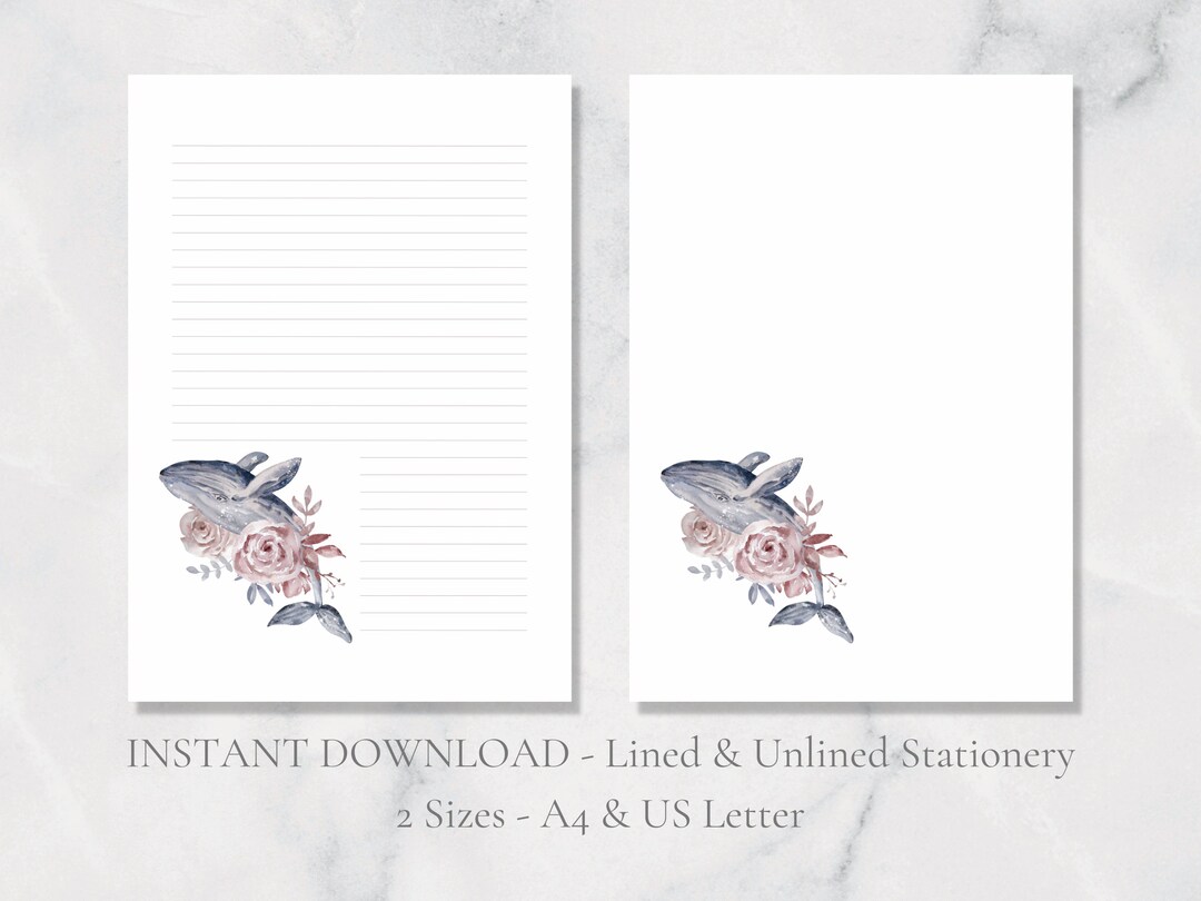 Whale Printable Stationery Floral Stationary Watercolor Writing Paper ...