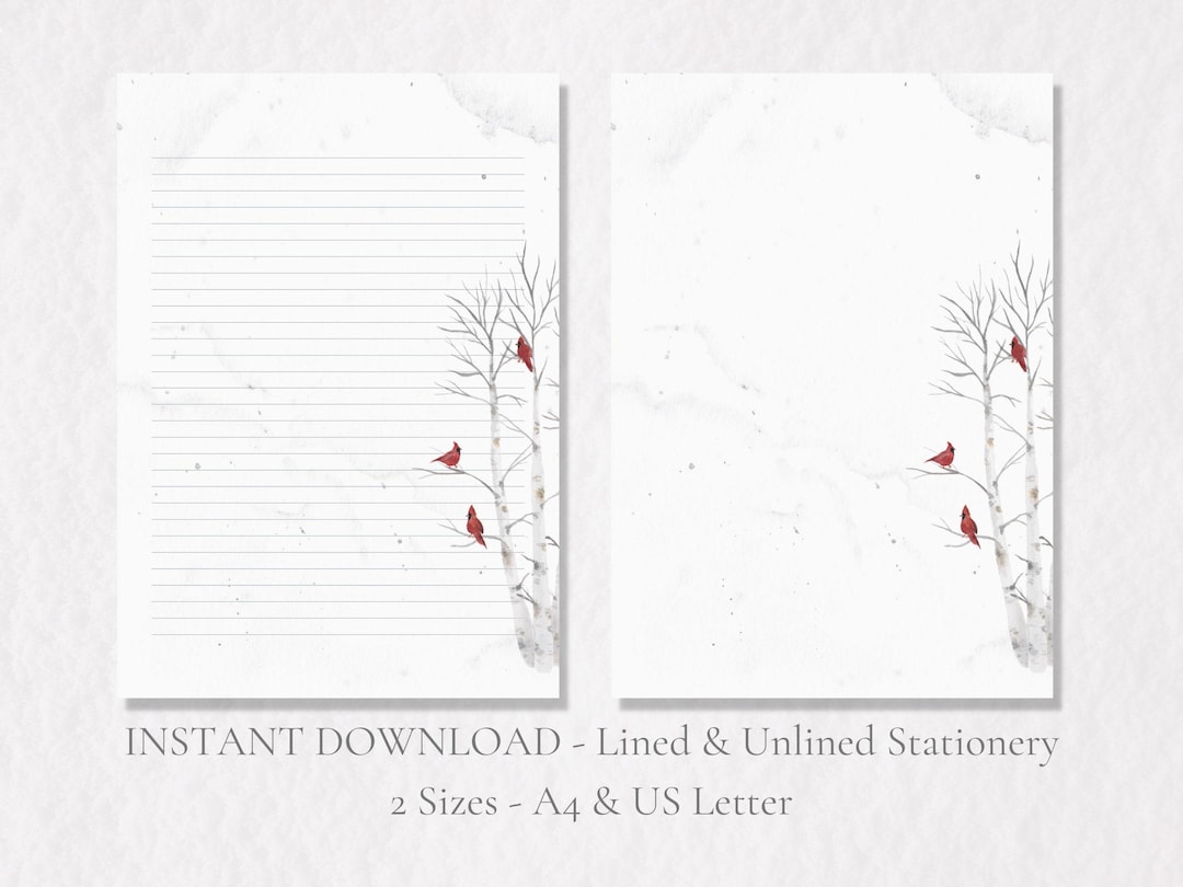 Cardinals on Birch Tree Printable Stationery Winter Stationary Snow ...