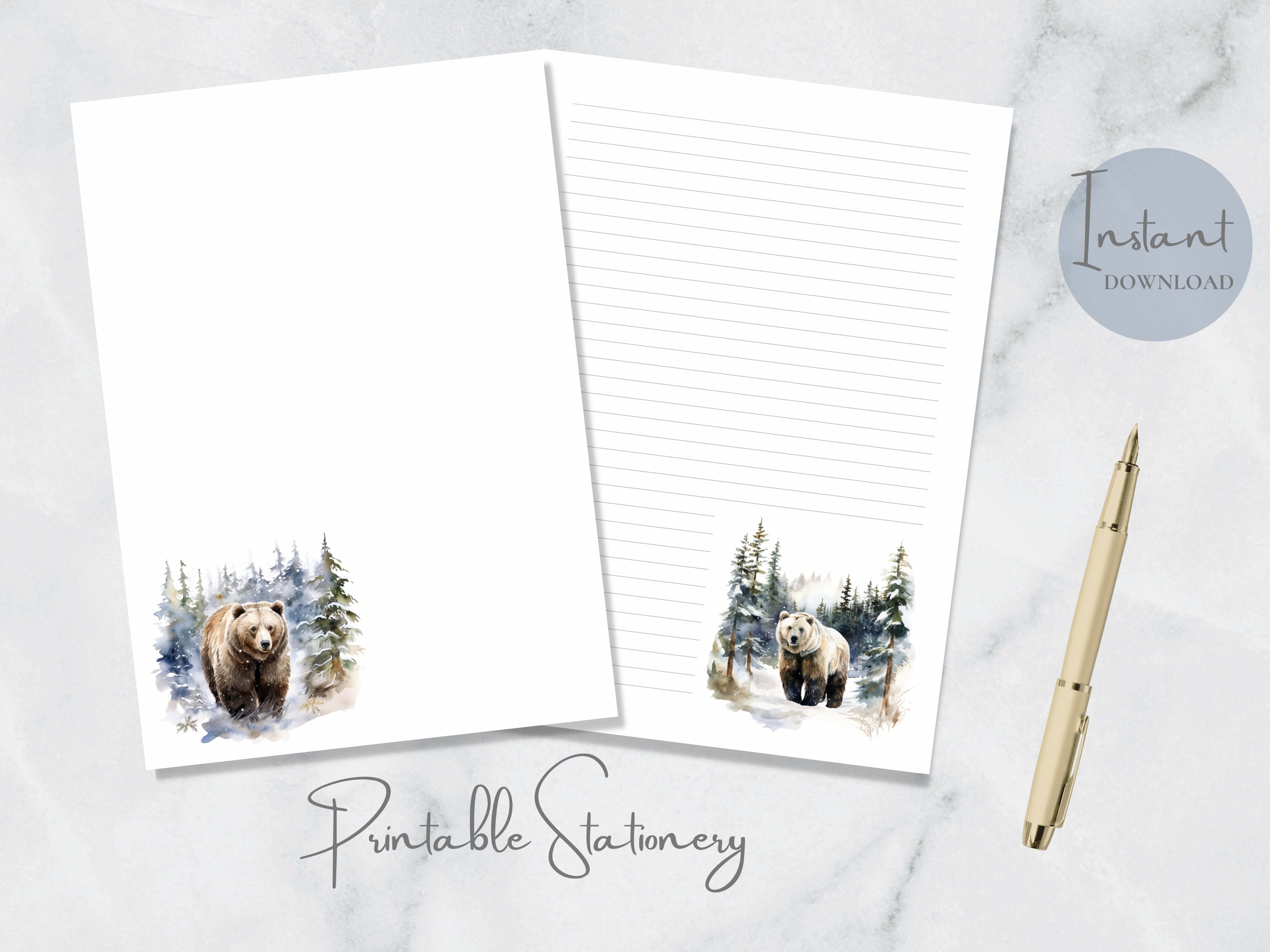 Winter Brown Bear Printable Stationery Nature Stationary Snow Letter ...