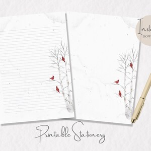 Cardinals on Birch Tree Printable Stationery Winter Stationary Snow ...