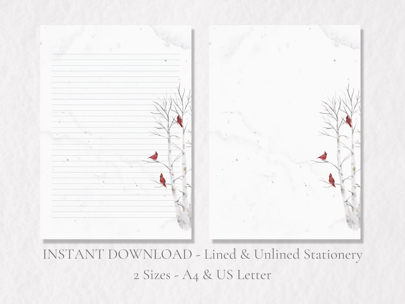 Cardinals on Birch Tree Printable Stationery Winter Stationary - Etsy