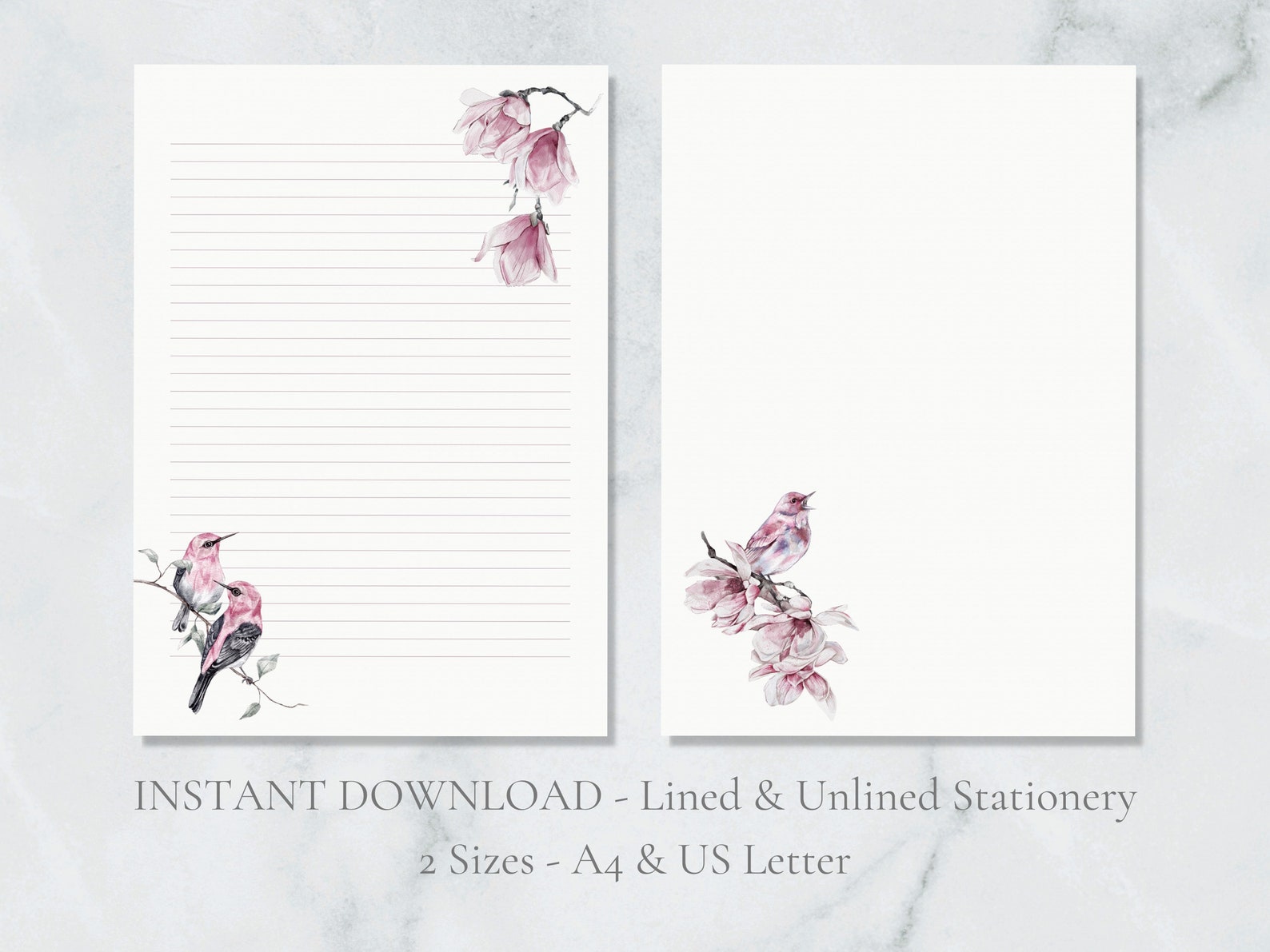 Birds in Magnolia Tree Printable Stationery Floral Writing Paper Letter ...