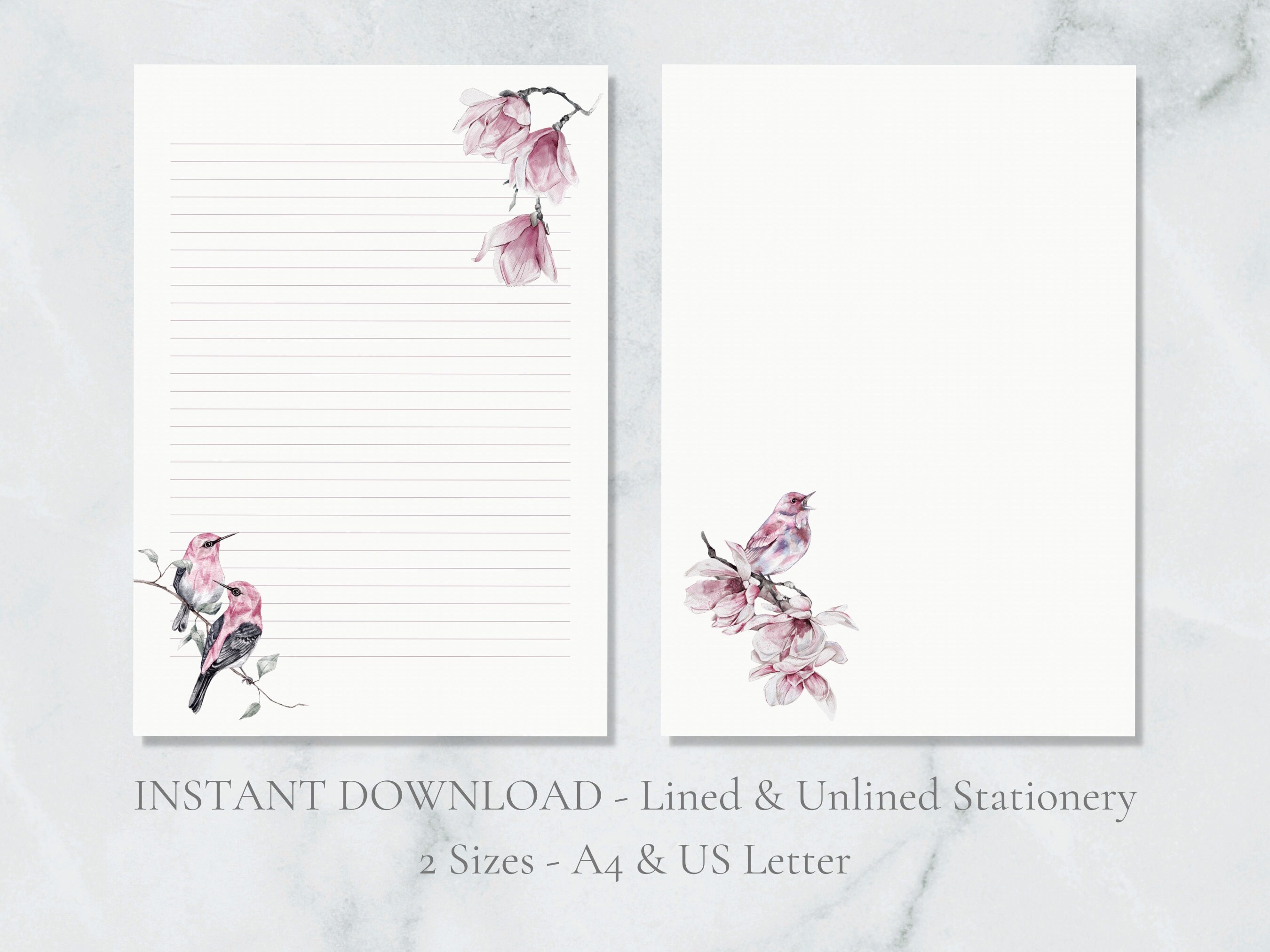 Birds in Magnolia Tree Printable Stationery Floral Writing Paper Letter ...