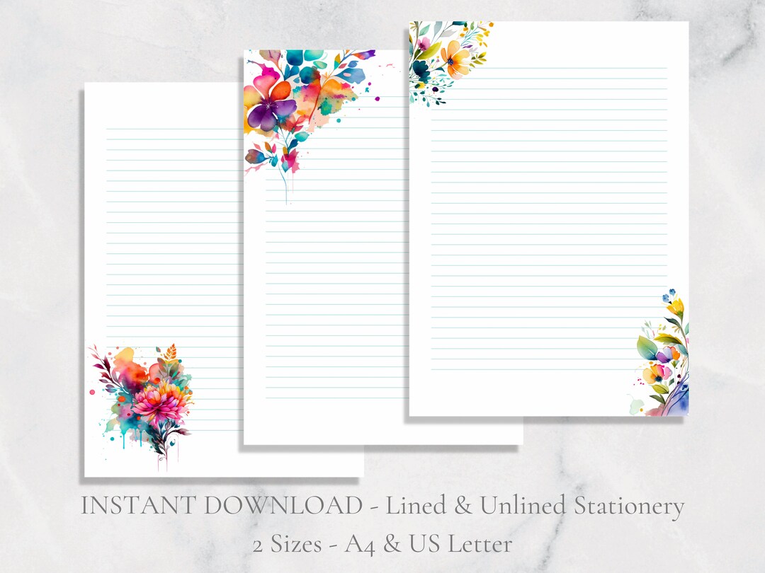 Colorful Floral Printable Stationery Watercolor Botanical Stationary ...