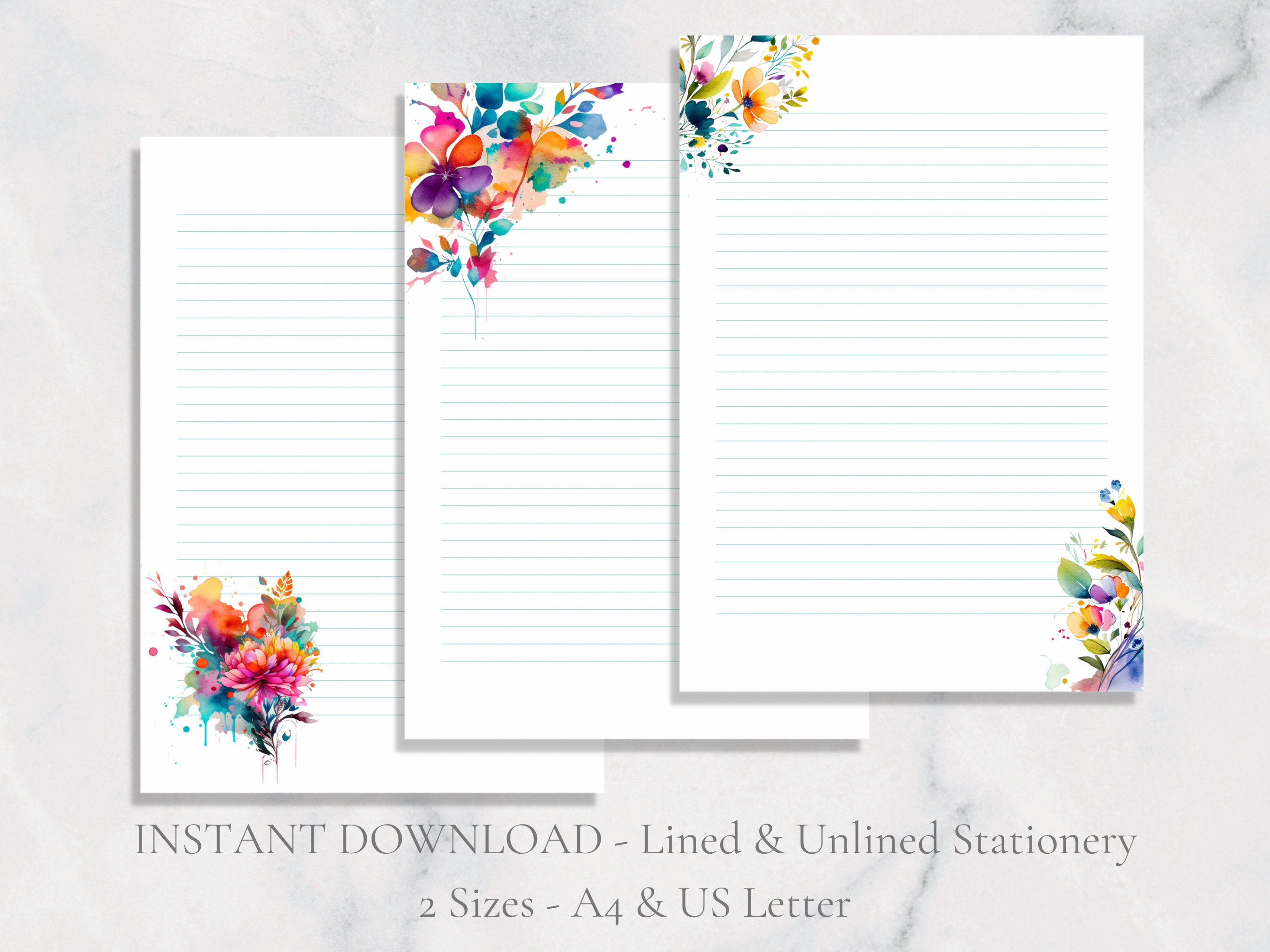 Colorful Floral Printable Stationery Watercolor Botanical Stationary ...