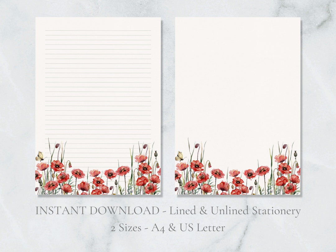 Poppy Field Printable Stationery Red Floral Stationary Nature Writing ...